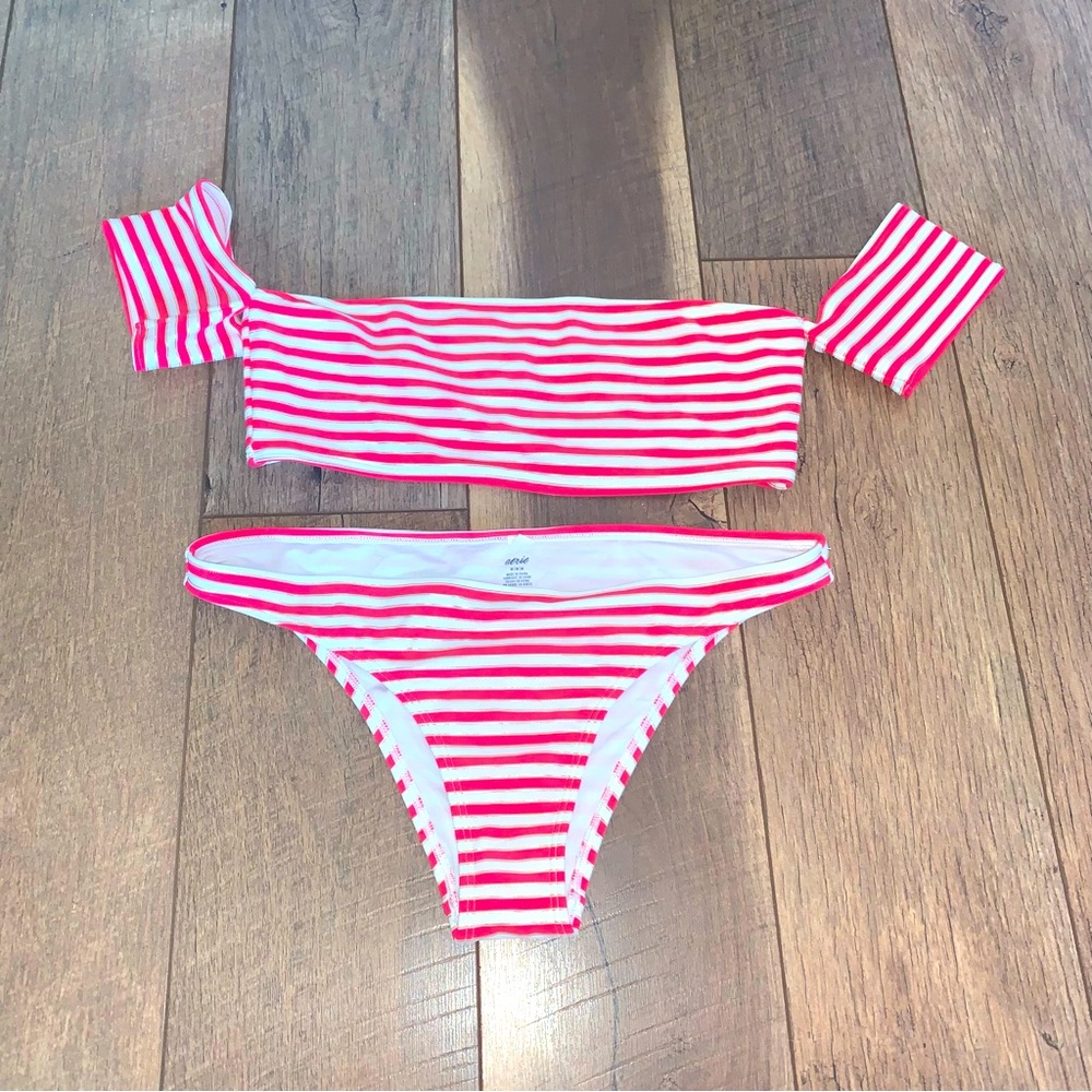 Aerie Striped Crop Cold Off Shoulder Bikini Top Botto… - Gem